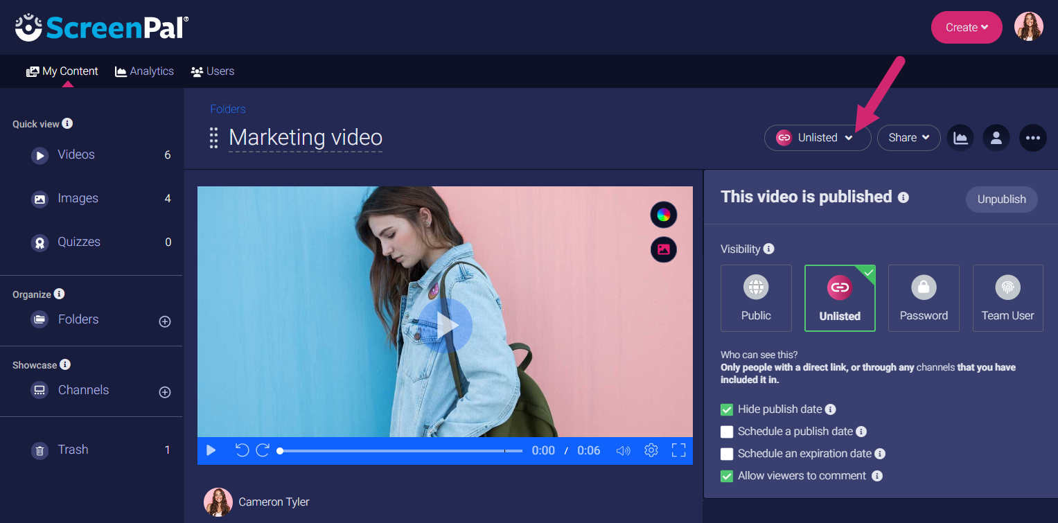 Channel and video visibility settings