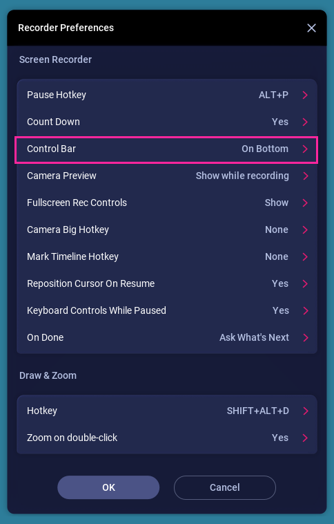 Position the control bar so it is displayed at the top instead of the bottom of the recorder